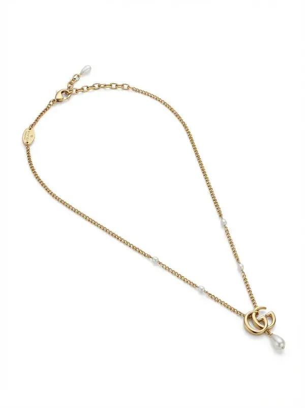 Gucci Logo Plaque Pearl Drop Necklace - Gold