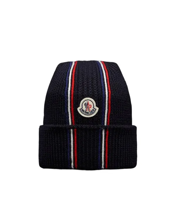 Moncler Logo Patch Ribbed Wool Beanie - Black