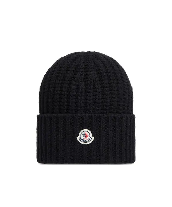 Moncler Ribbed Logo Beanie Hat - Black