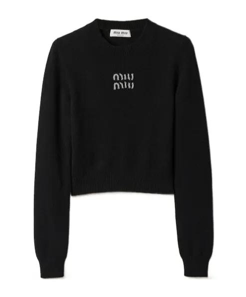 Miu Miu Cropped Knit Sweater With Logo Embellishment