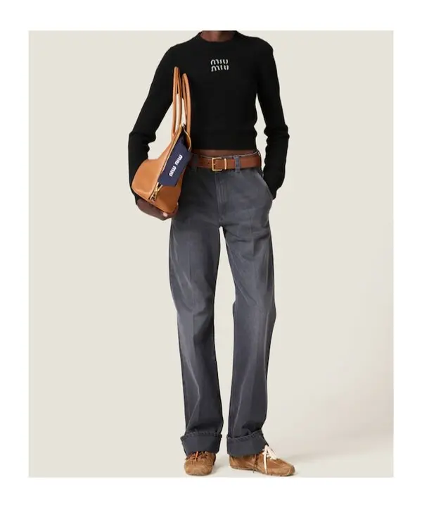 Miu Miu Cropped Knit Sweater With Logo Embellishment