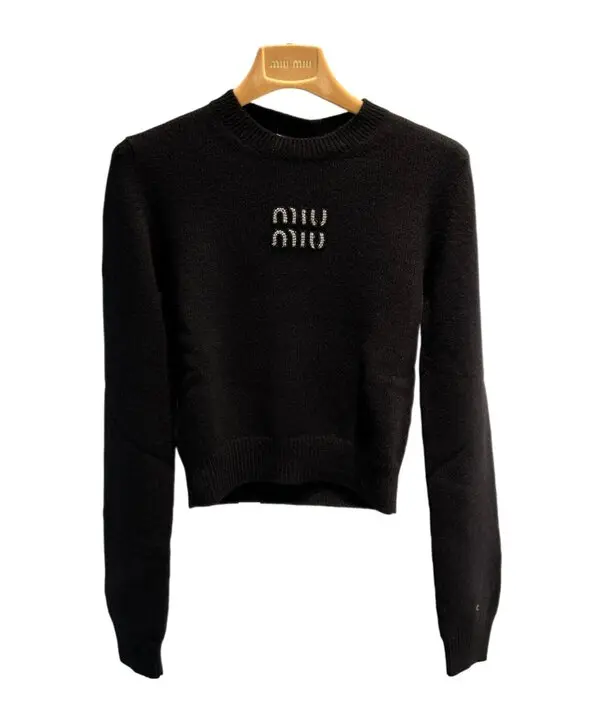 Miu Miu Cropped Knit Sweater With Logo Embellishment