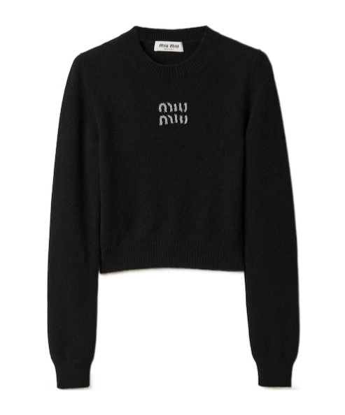Miu Miu Cropped Logo Embellished Knitted Jumper - Black