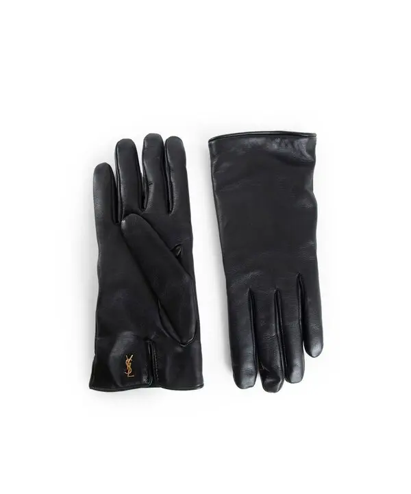 Saint Laurent Cassandre Logo Plaque Leather Gloves - Black