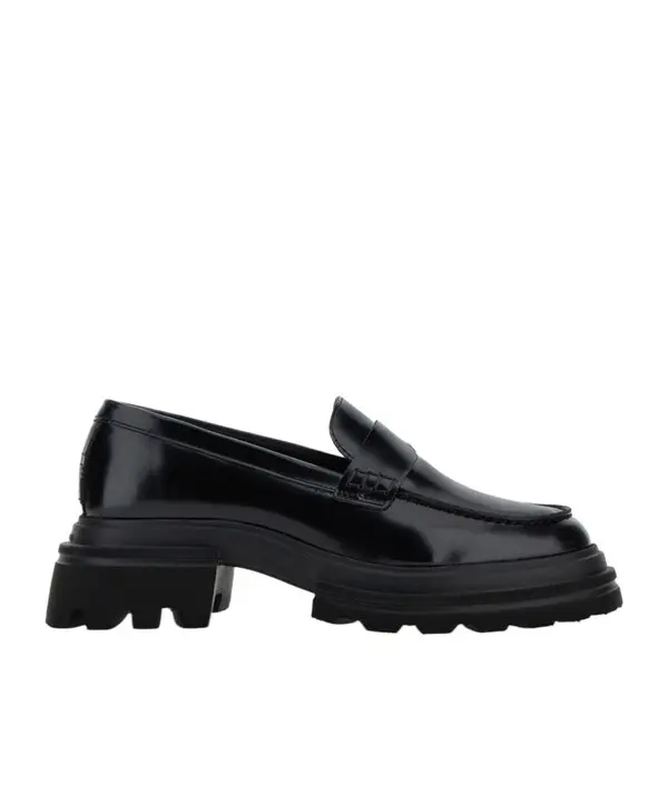 Hogan Polished Leather Loafers With Serrated Sole - Black