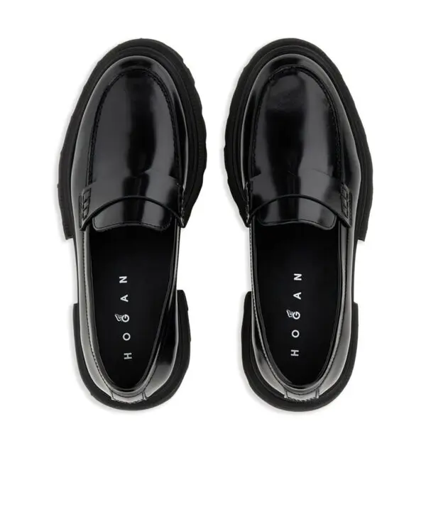 Hogan Polished Leather Loafers With Serrated Sole - Black