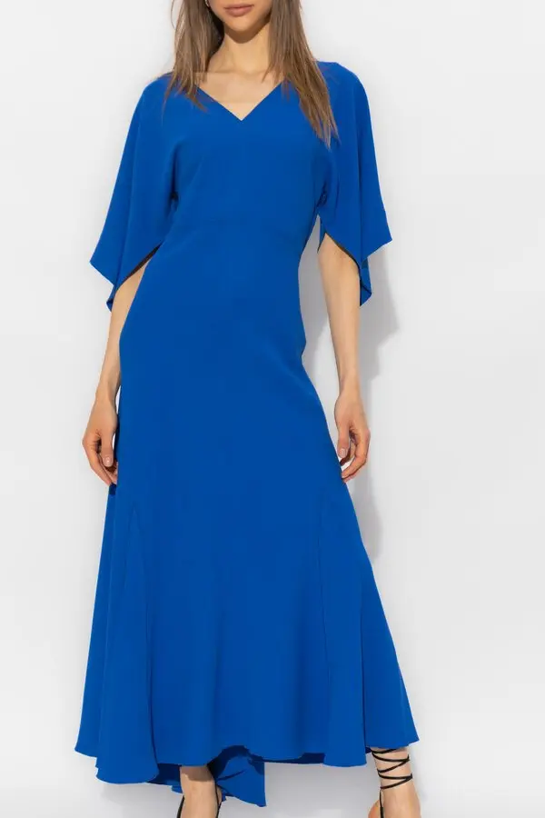 Victoria Beckham V-neck Dress With Buckled Shoulder Straps And Flared Hem