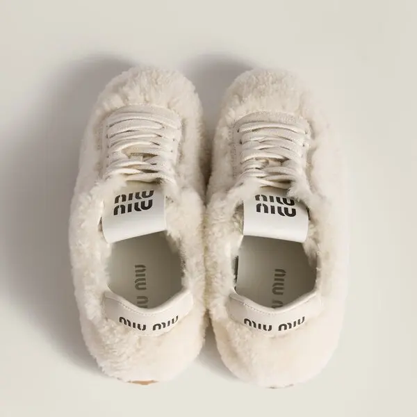 Miu Miu Plume Shearling Lace-up Sneakers - White