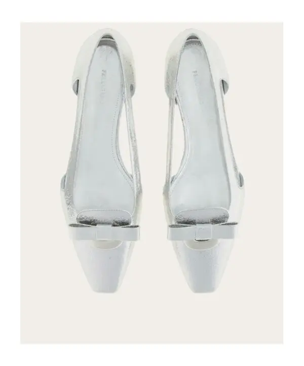 FERRAGAMO Silver Metallic Bow Ballet Flats