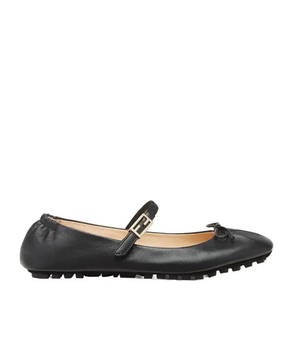 Fendi Leather Ballet Flats With Ff Motif Strap - Black