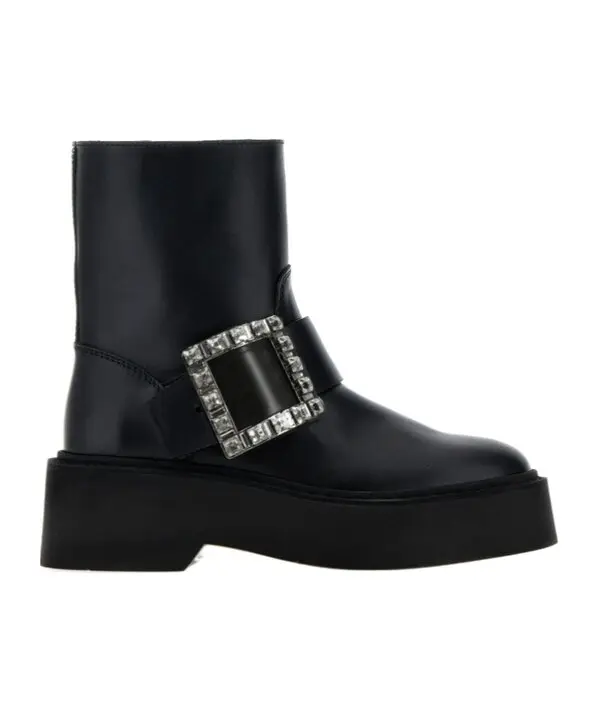 ROGER VIVIER Buckle Detailed Round Toe Boots - Nero