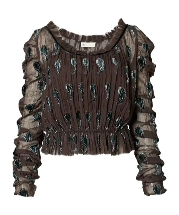 Tory Burch Ruched Velvet Top With Raw Edge Ruffles - Black
