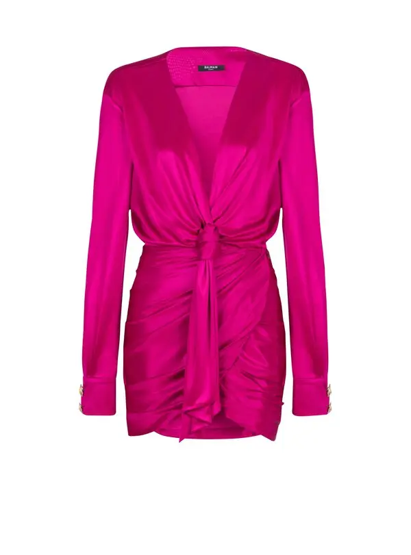 Balmain Draped Jersey Dress With Gold Coin Buttons