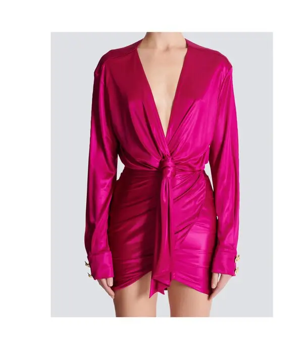 Balmain Draped Jersey Dress With Gold Coin Buttons