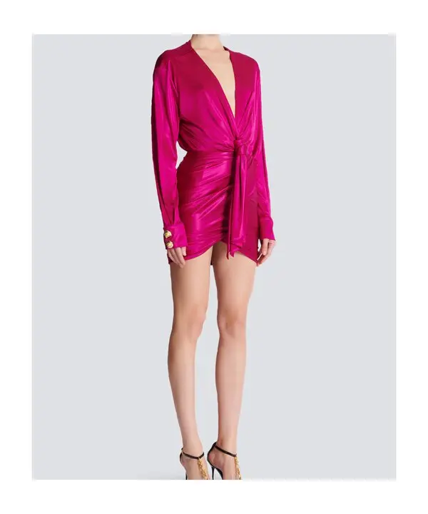 Balmain Draped Jersey Dress With Gold Coin Buttons