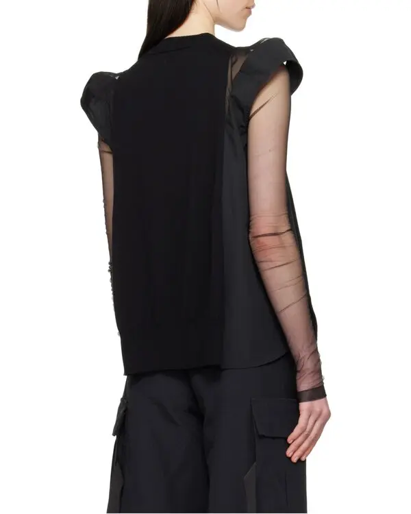 Sacai Paneled Cotton Top With Tulle Sleeves