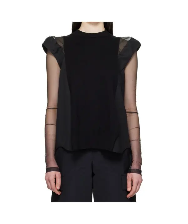 Sacai Paneled Cotton Top With Tulle Sleeves