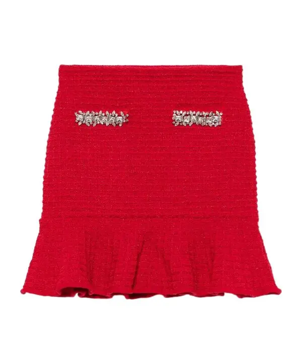 SELF-PORTRAIT Textured Knit Mini Skirt With Embellished Pockets - Red