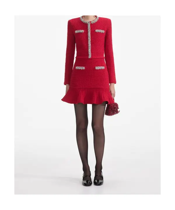 SELF-PORTRAIT Textured Knit Mini Skirt With Embellished Pockets - Red
