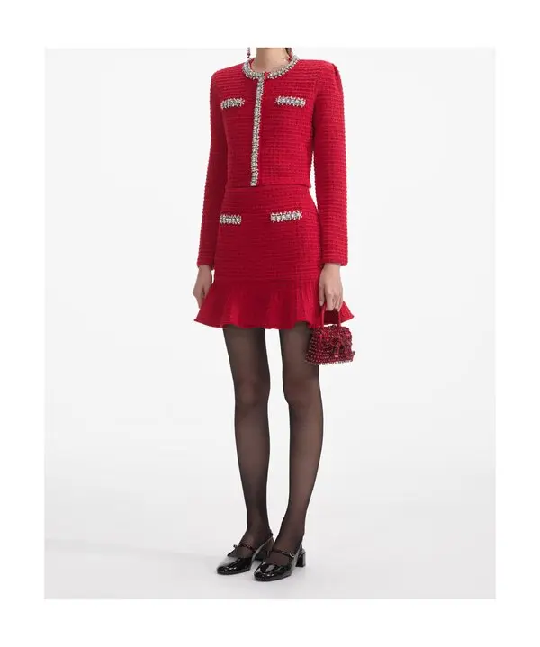 SELF-PORTRAIT Textured Knit Mini Skirt With Embellished Pockets - Red
