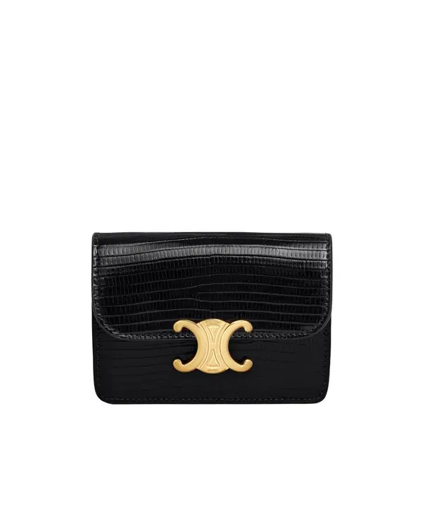 Celine Card Holder With Flap Triomphe In Lizard - Black