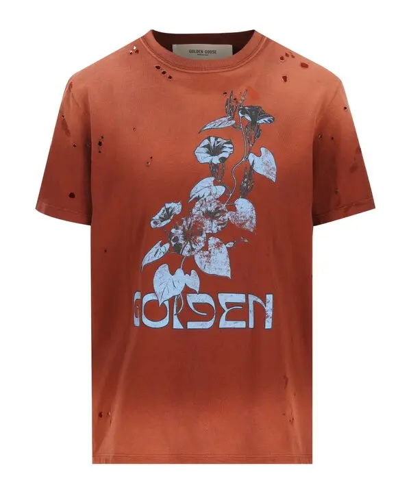GOLDEN GOOSE Floral Print Distressed T-shirt - Red