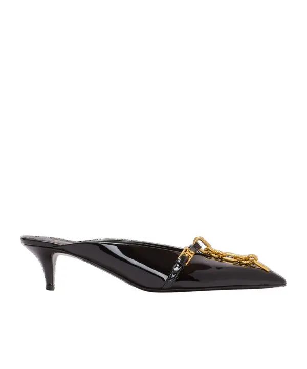 Balmain Sync Patent Leather Mules With Pointed Toe And Chain Detail - Black