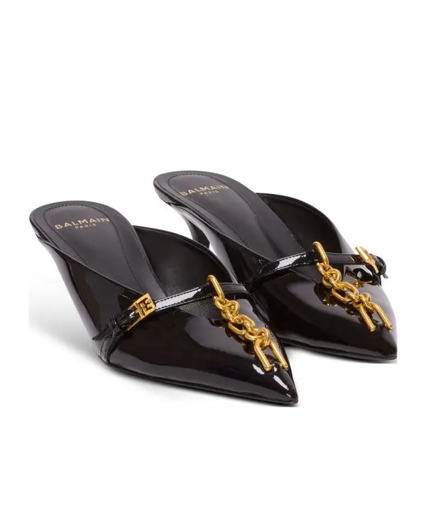 Balmain Sync Patent Leather Mules With Pointed Toe And Chain Detail - Black