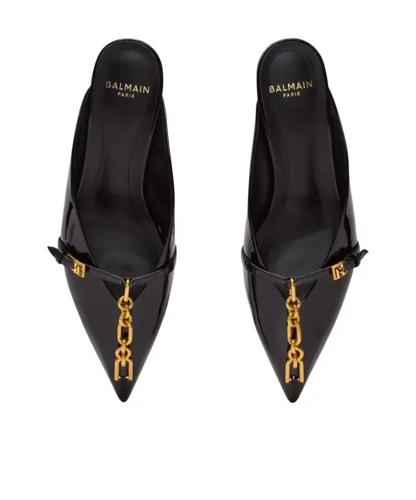 Balmain Sync Patent Leather Mules With Pointed Toe And Chain Detail - Black