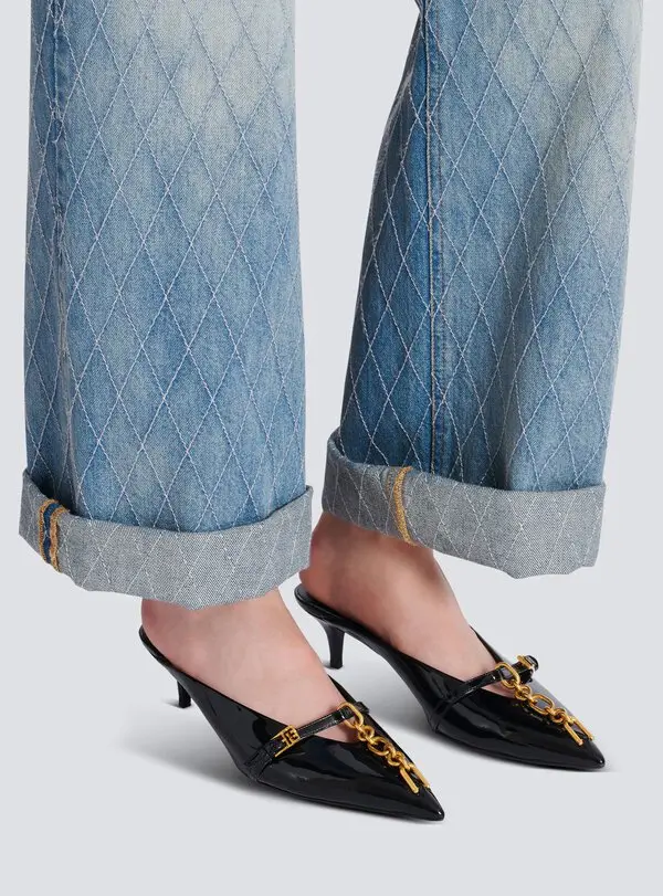 Balmain Sync Patent Leather Mules With Pointed Toe And Chain Detail - Black