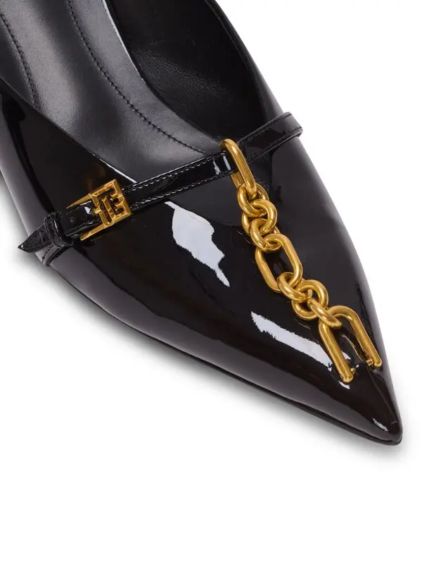 Balmain Sync Patent Leather Mules With Pointed Toe And Chain Detail - Black