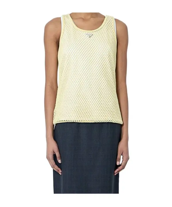 Prada Open-knit Tank Top With Triangle Logo - Beige