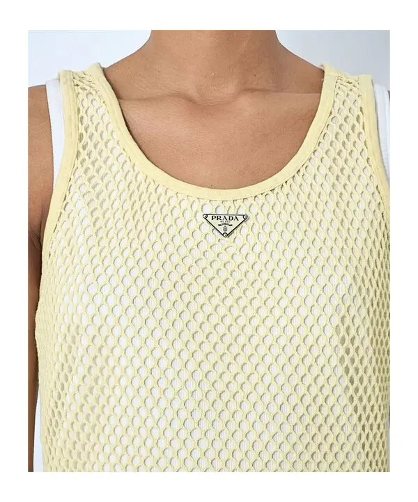 Prada Open-knit Tank Top With Triangle Logo - Beige
