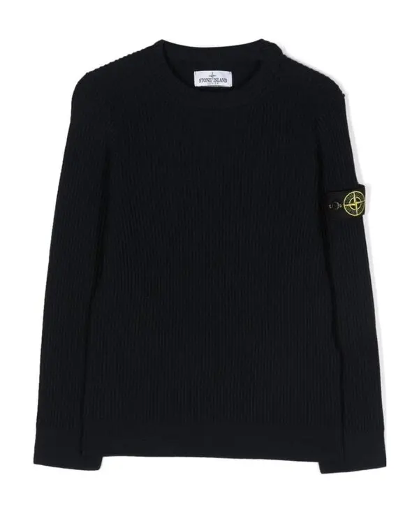 Stone Island Logo Patch Ribbed Knit Jumper - Blue