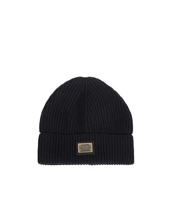 Dolce & Gabbana Ribbed Knit Cashmere Beanie Hat - Black