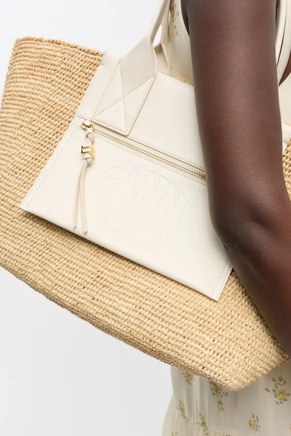 GANNI Raffia Tote Bag - Egret