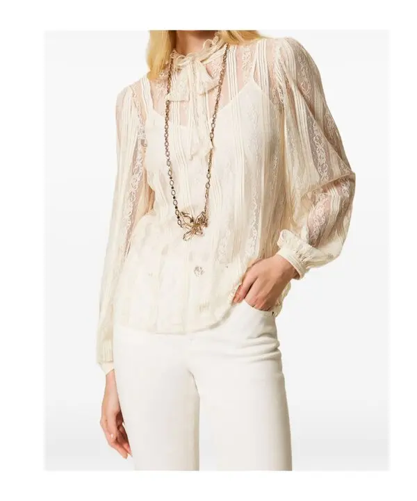 TWINSET Striped Lace Bow Blouse - No