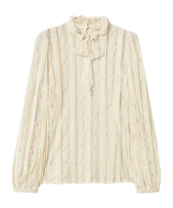 TWINSET Striped Lace Bow Blouse - White