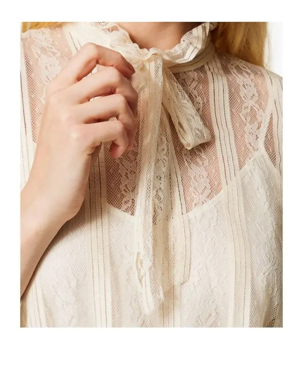 TWINSET Striped Lace Bow Blouse - White