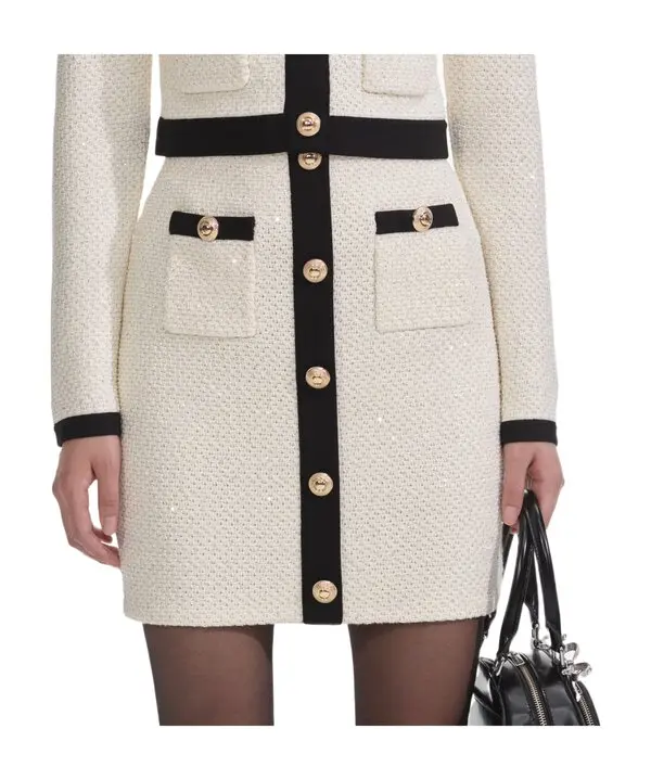 SELF-PORTRAIT Sequin-embellished Knitted Mini Skirt With Faux Button Embellishment - Cream