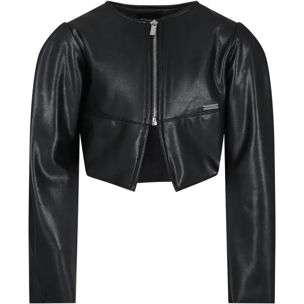 Monnalisa Cropped Leather Jacket With Metal Logo Detail