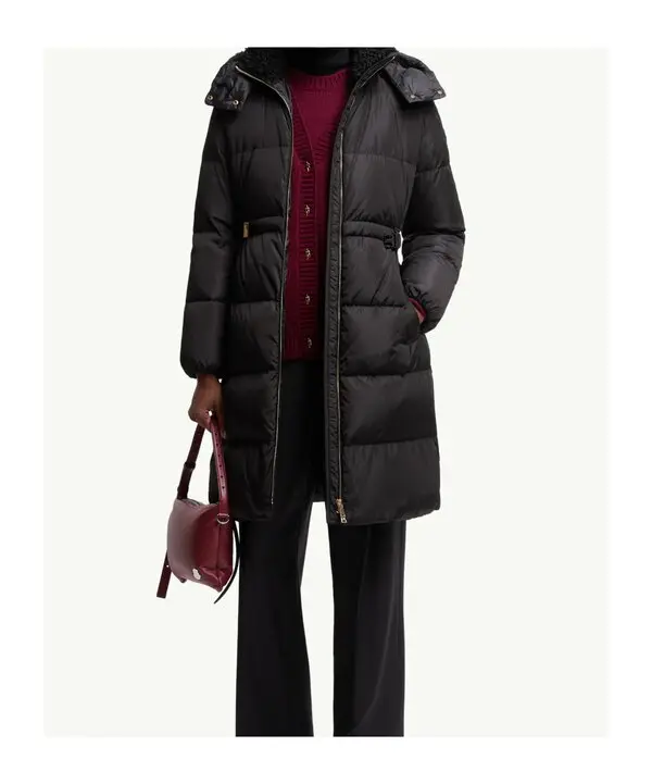 Moncler Briant Hooded Long Down Jacket With Teddy Fleece Collar