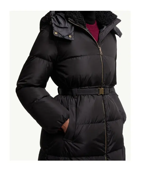 Moncler Briant Hooded Long Down Jacket With Teddy Fleece Collar