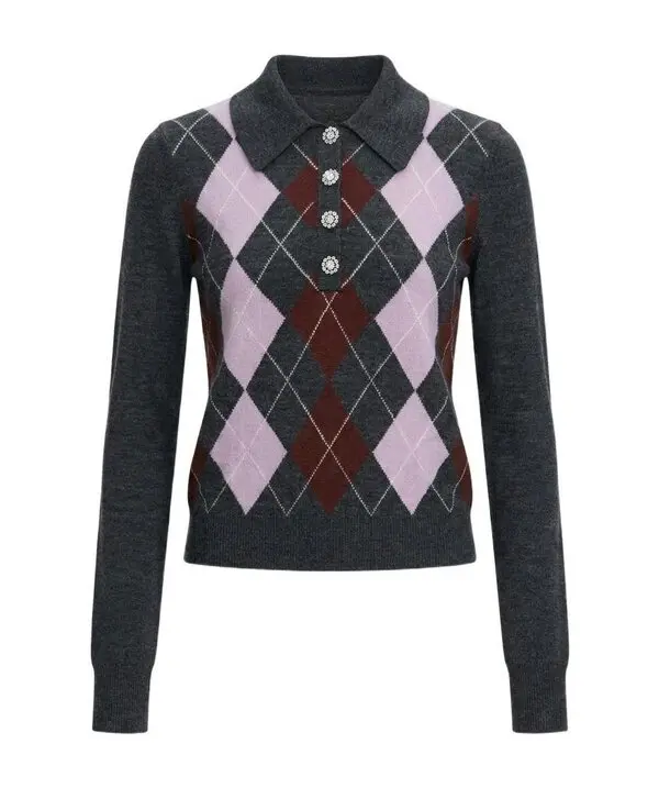 SELF-PORTRAIT Argyle Button Polo Top