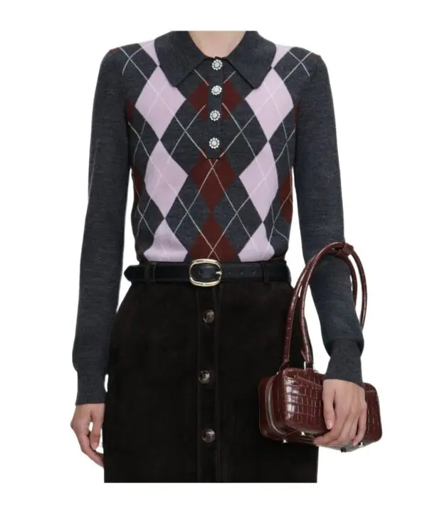 SELF-PORTRAIT Argyle Button Polo Top