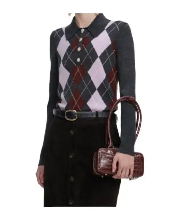 SELF-PORTRAIT Argyle Button Polo Top