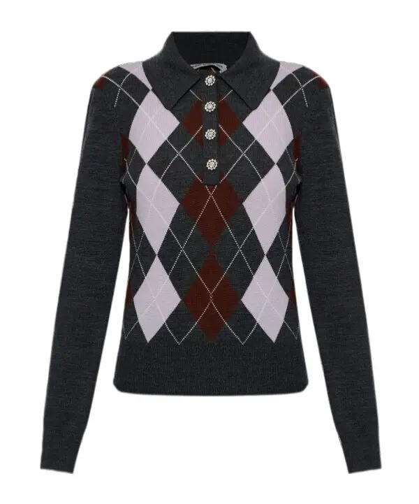 SELF-PORTRAIT Argyle Diamanté Polo Jumper - Grey