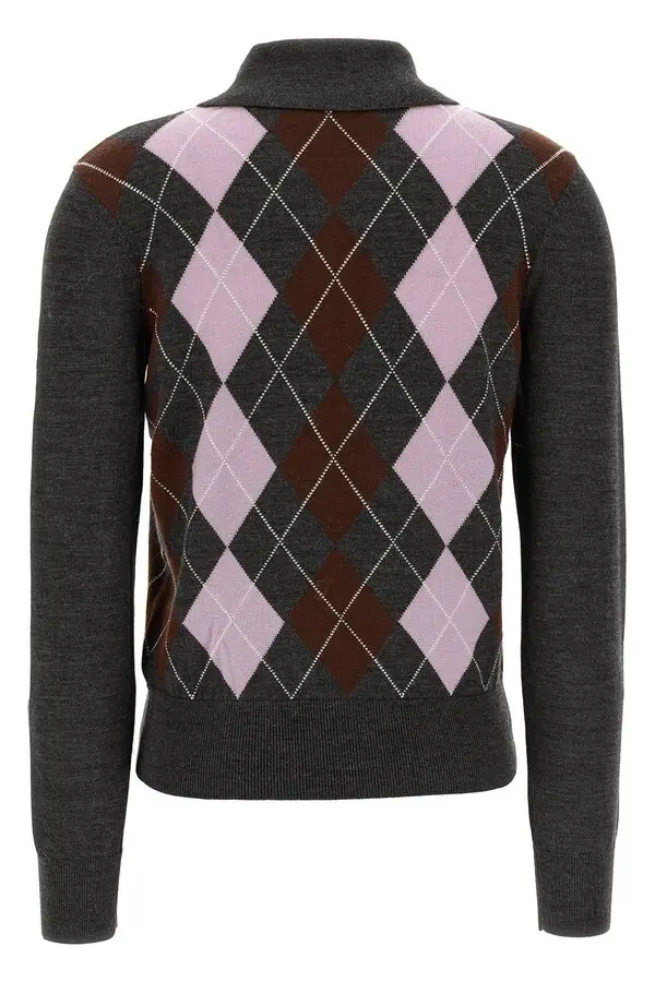 SELF-PORTRAIT Argyle Diamanté Polo Jumper - Grey