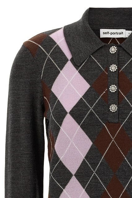 SELF-PORTRAIT Argyle Diamanté Polo Jumper - Grey