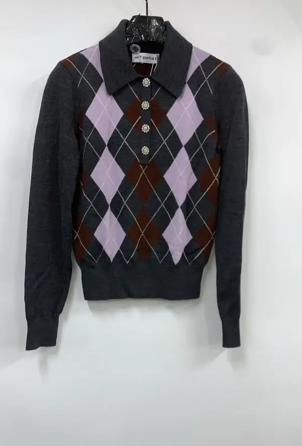 SELF-PORTRAIT Argyle Diamanté Polo Jumper - Grey